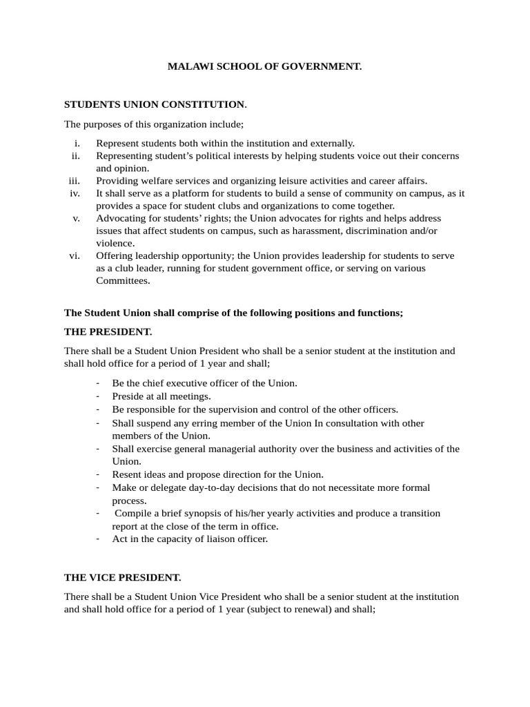 Malawi School of Government Student Union Constitution | PDF ...