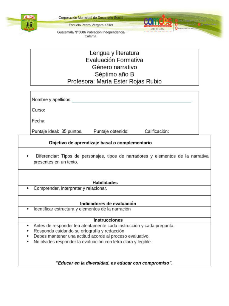 Evaluación Formativa 7° Básico 2024 | PDF | Narración | Evaluación