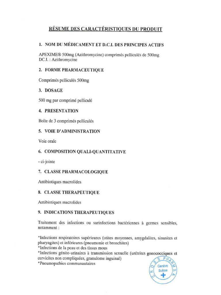 Apexime - 500mg Tablets Azithromycine - SMPC | PDF