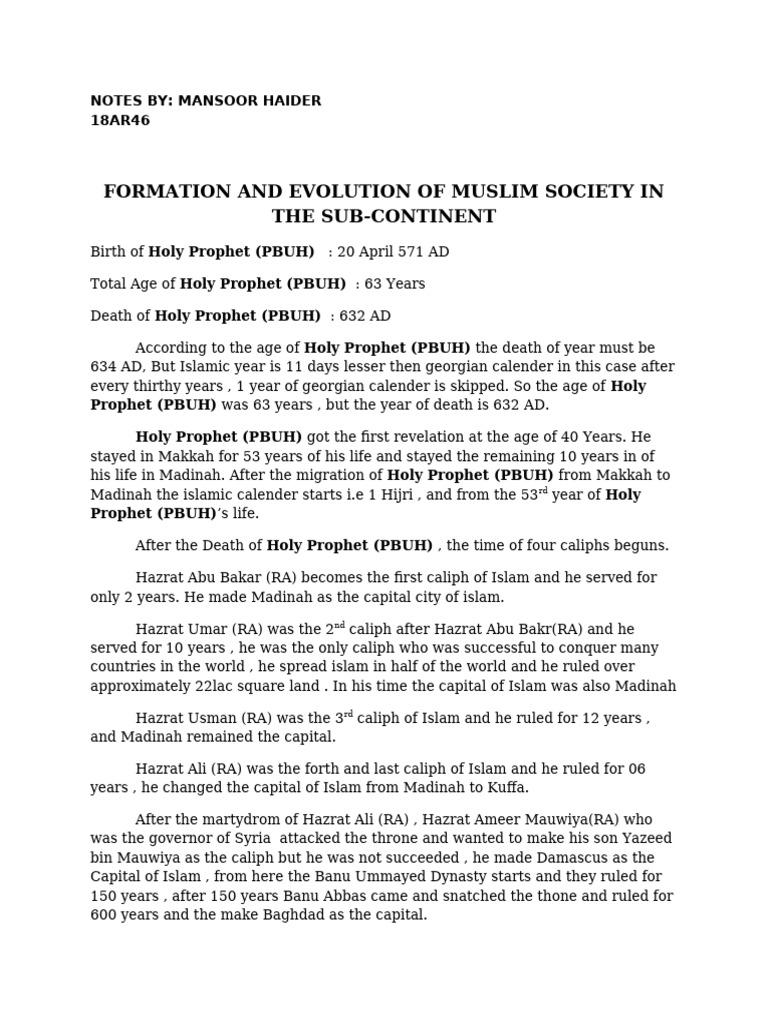 Formation and Evolution of Muslim Society in The Sub | PDF