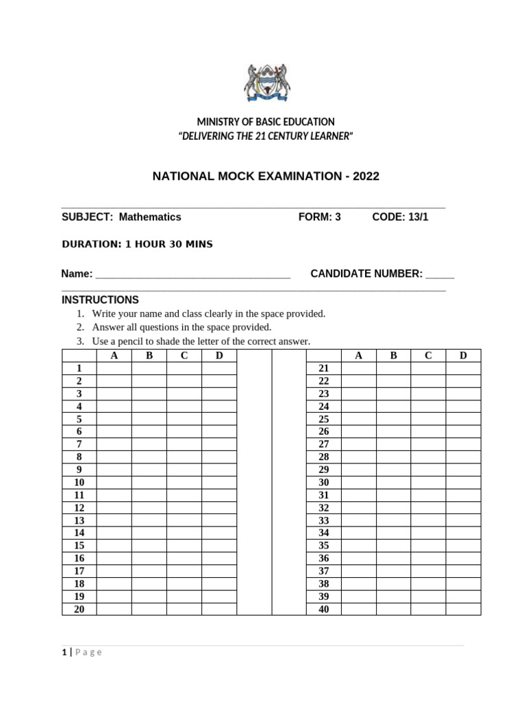 Form 3 Maths Paper 1 | PDF