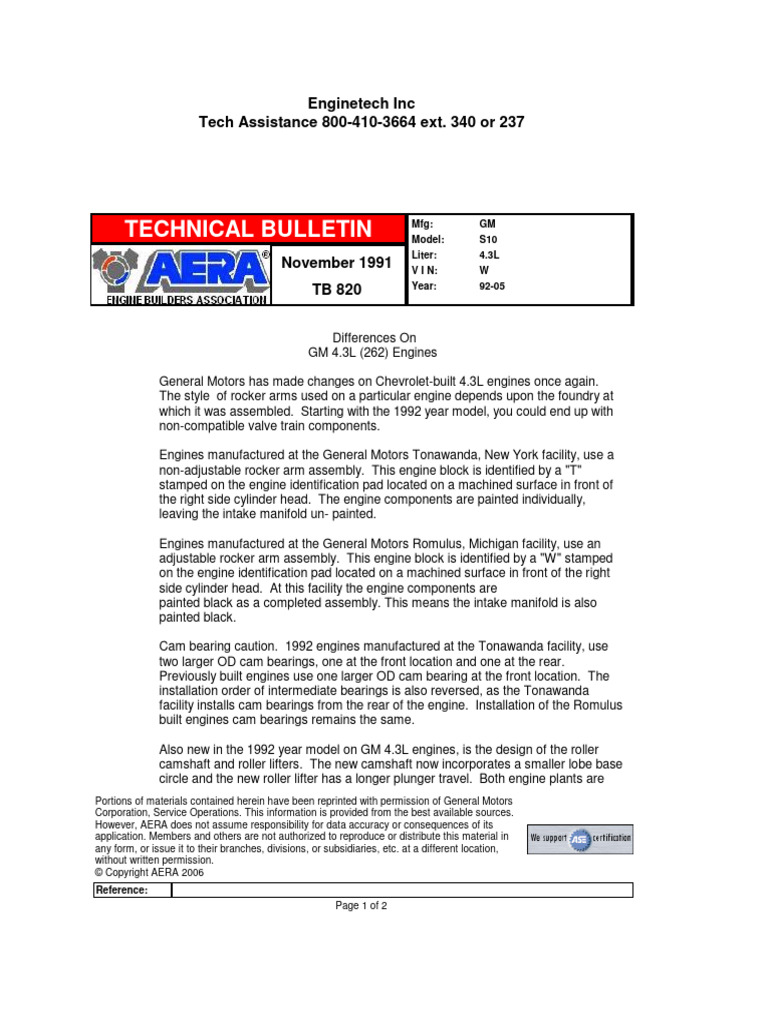 Chevy 4.3 Engine TB820 | PDF