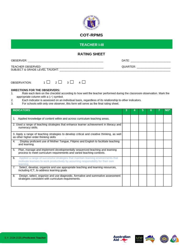 SBTT COT RPMS Rating Sheet For T I III For SY 2024 2025 | PDF | Teachers | Business