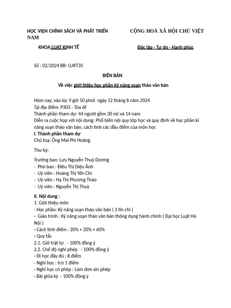 Biên Bản Họp Lớp Knst | PDF