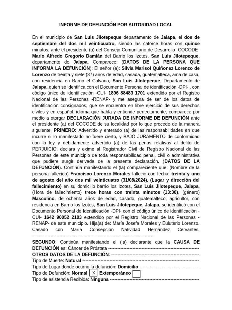 Informe de Defunción Por Autoridad Local | PDF | Justicia | Crimen y ...