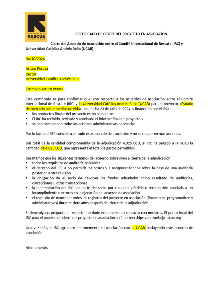 Certificate of Partnership Agreement Closure - UCAB | PDF
