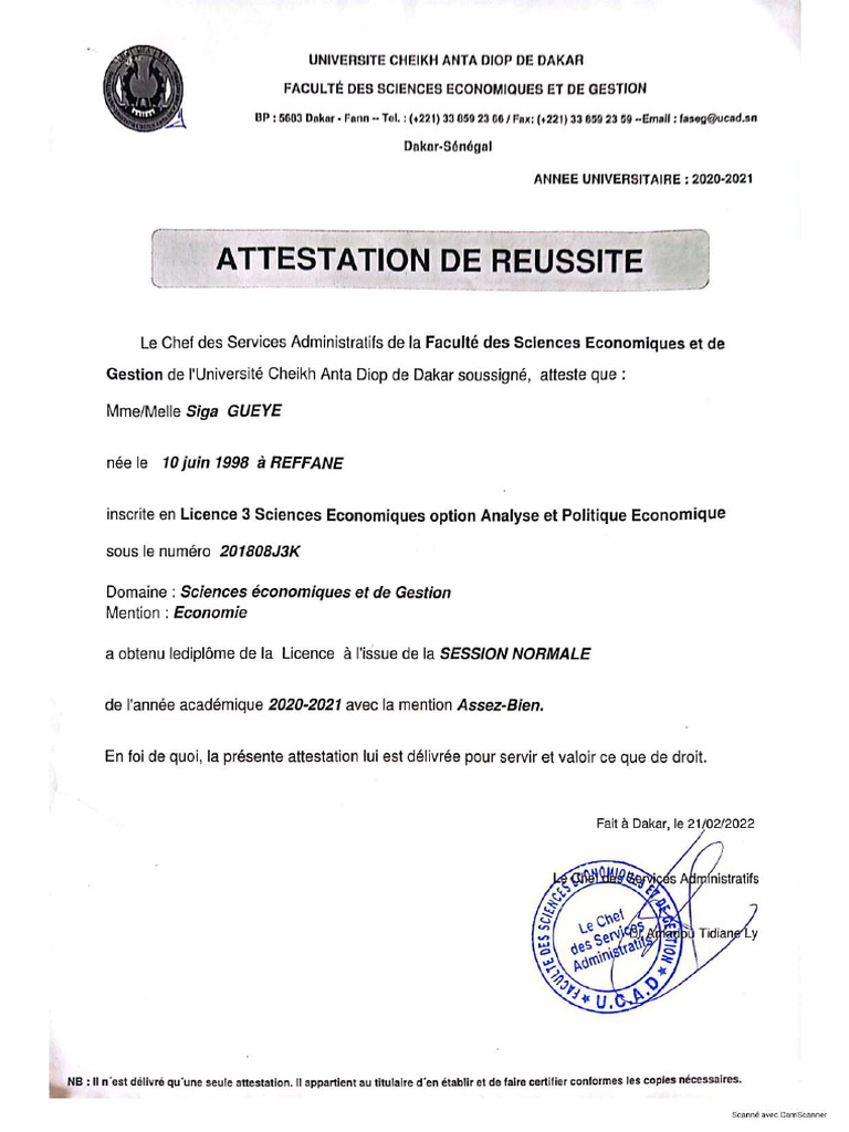 Attestation de Réussite | PDF