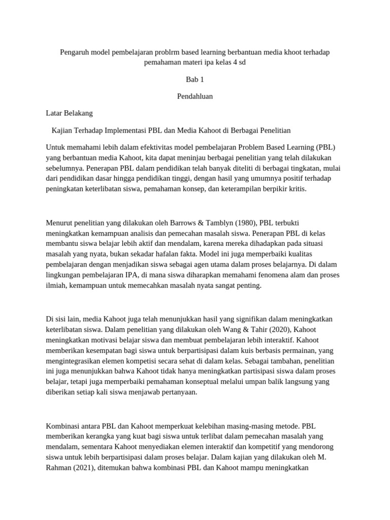 Kajian Terhadap Implementasi PBL Dan Media Kahoot Di Berbagai Penelitian Satria | PDF