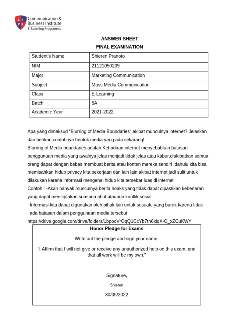 Answer Sheet Final Exam | PDF