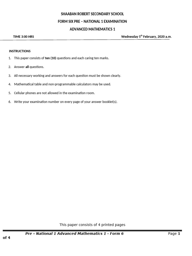 F6 Pre - National Examination Form 6 Paper 1 | PDF