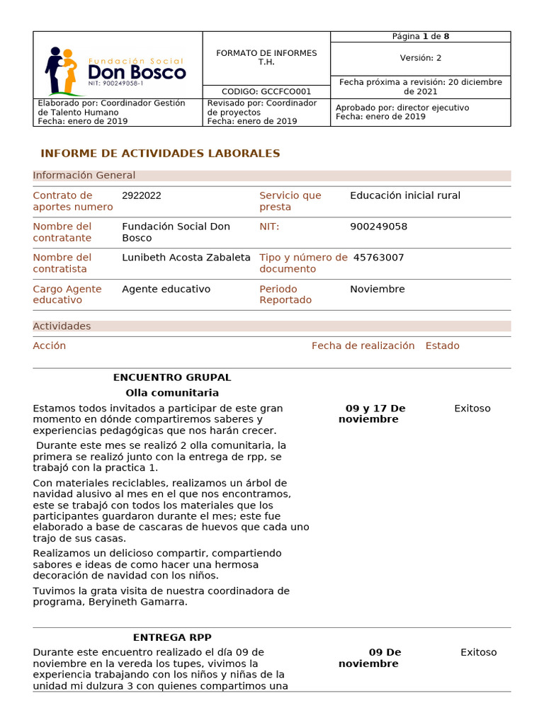 informe de actividades pedagogicas NOVIEMBRE LUNIBETH ACOSTA | PDF