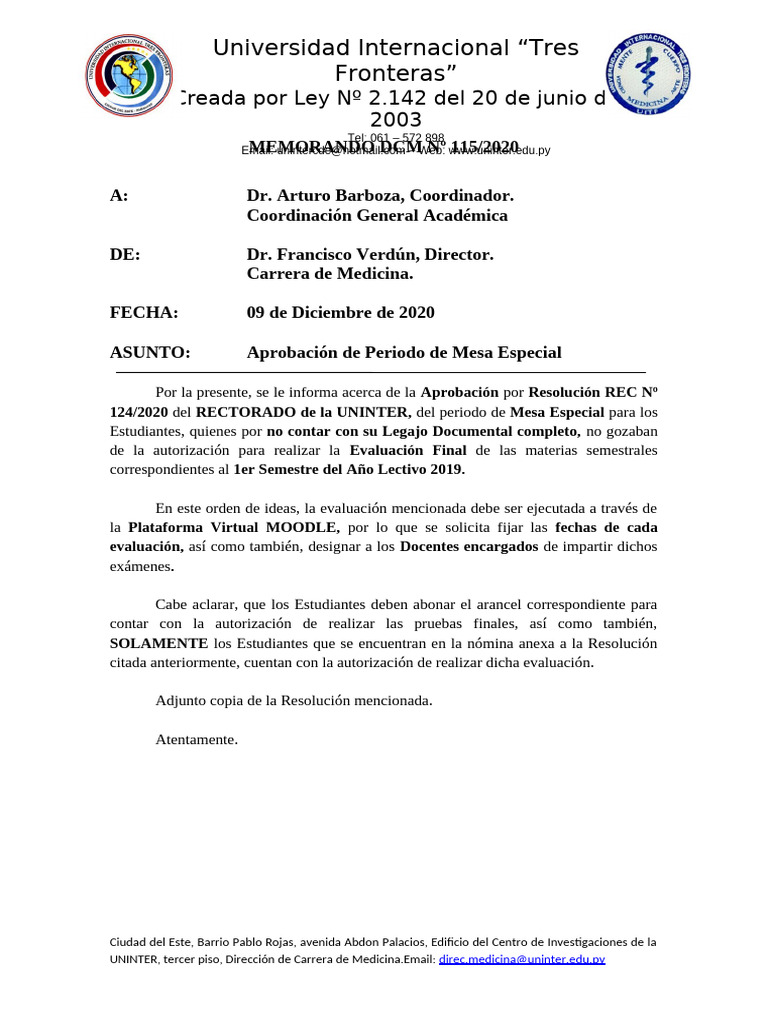 Memorando #115 - Aprobacion de Mesa Especial | PDF