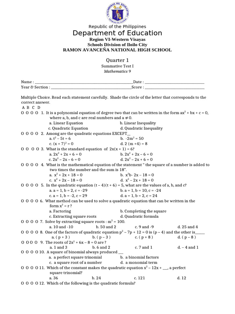 MAT9 Q1 Summative Test1 2021 2022 | PDF