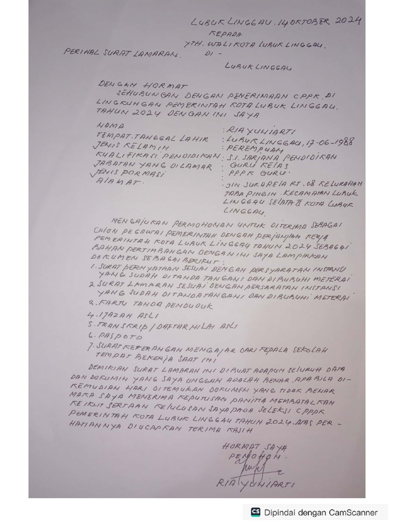 Surat Lamaran Ria Baru P3K 2024 | PDF