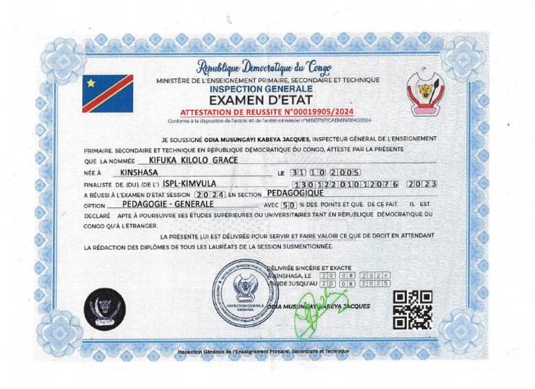 Attestation 2023 KIFUKA Kinshasa-Lukunga | PDF