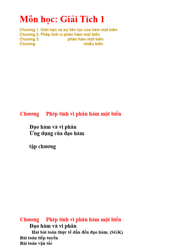 GT1 Chuong 2 (Tuan 5-6-7-8) PHÉP TÍNH VI PHÂN HÀM MỘT BIẾN | PDF