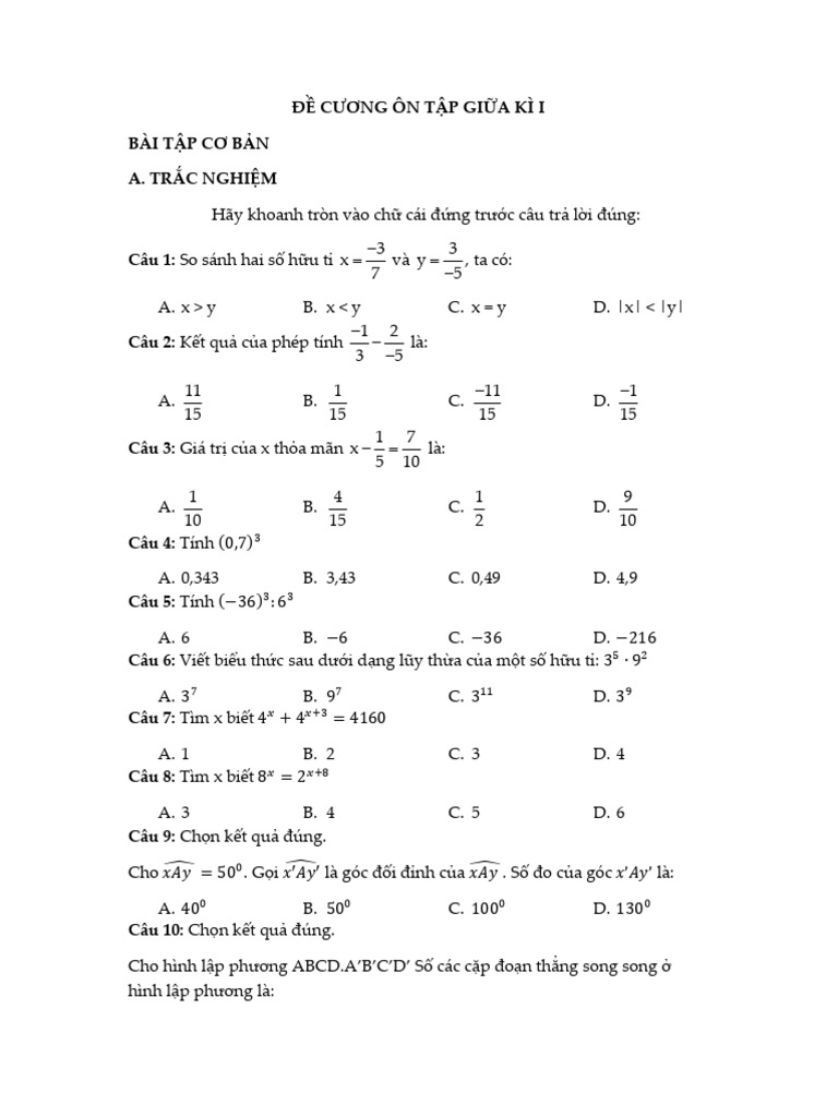 ĐỀ CƯƠNG ÔN TẬP GIỮA KÌ I - TOÁN 7 - CTST | PDF