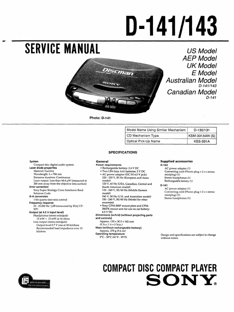 Sony D-141 Service Manual | PDF