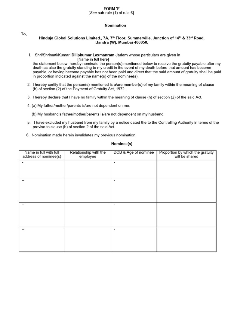 Dilipkumar-HGS Form F - Gratuity - Act | PDF