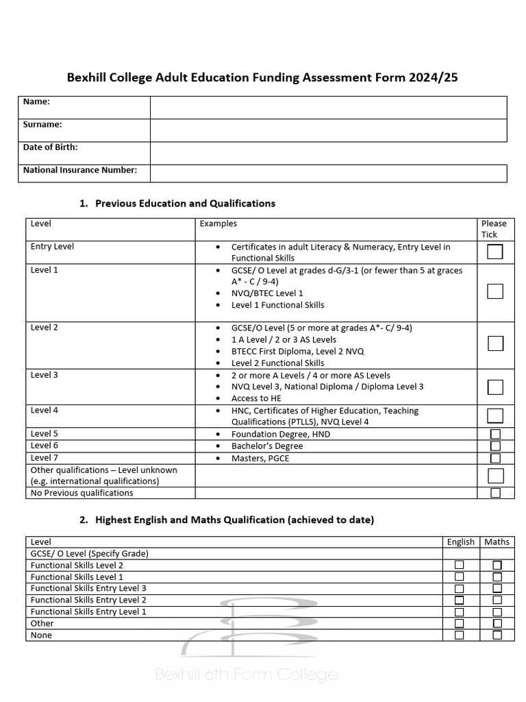 Adult Education Qualification Funding Assessment Form 202425 | PDF