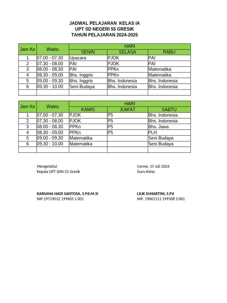 Jadwal Pelajaran 2425 | PDF