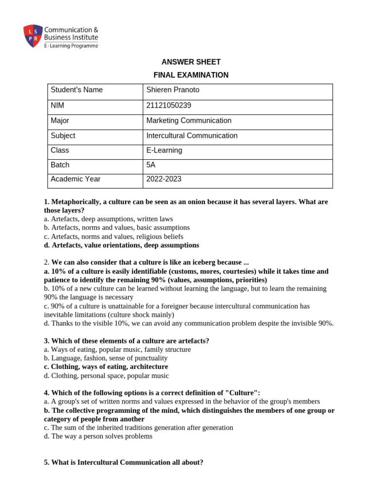 Answer Sheet Final Exam (1) | PDF