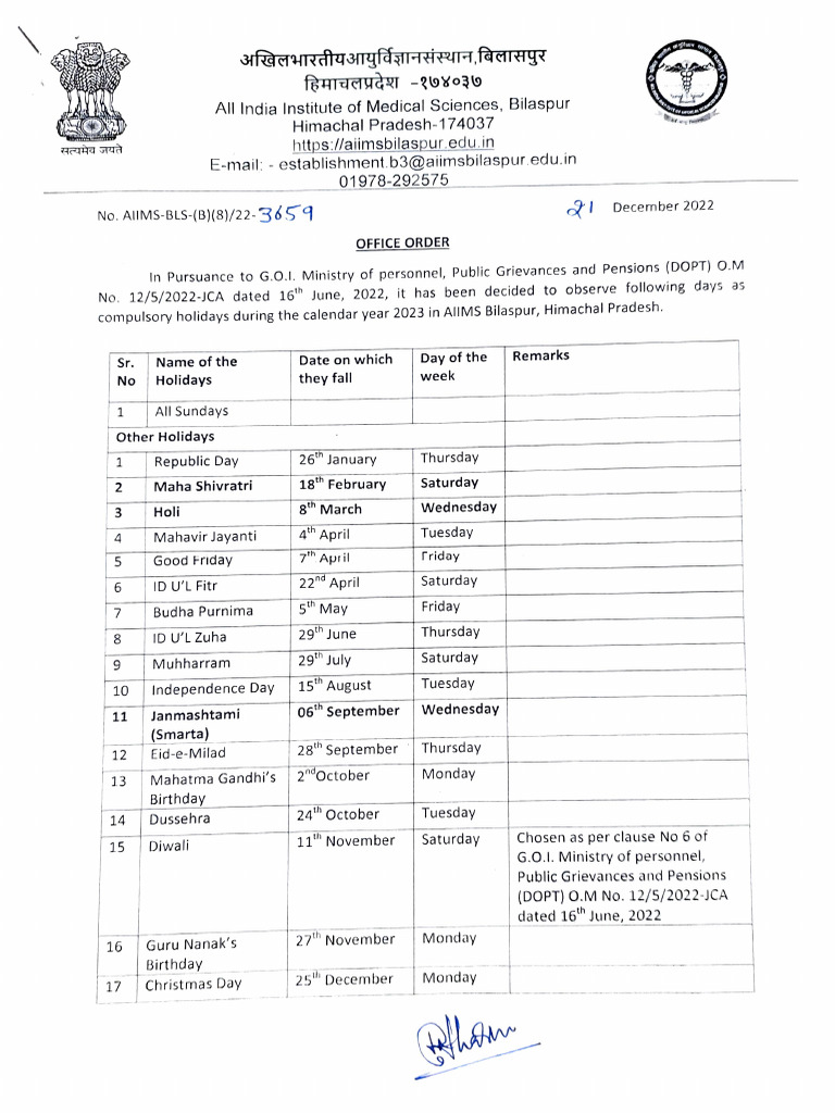 AIIMS Bilaspur 2023 Holiday Schedule | PDF | Religious Holidays | Festival