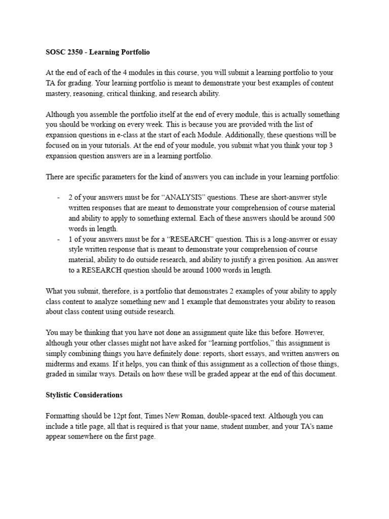 SOSC 2350 - Learning Portfolio Instructions | PDF