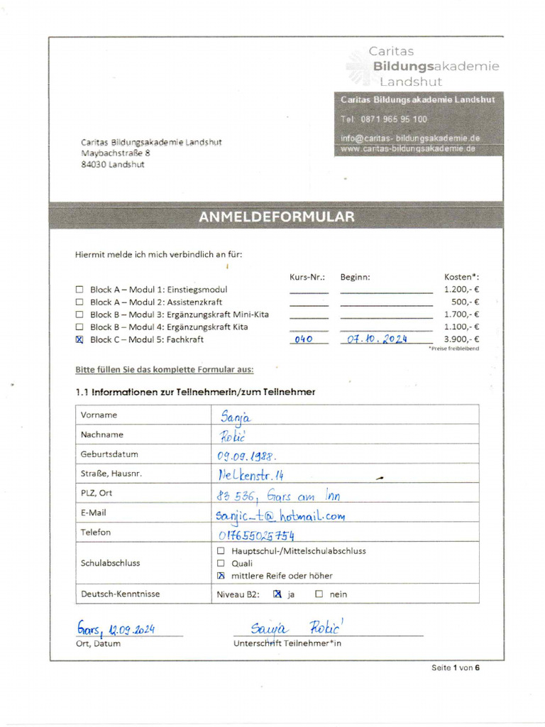 Anmeldeformular Sanja Rokic | PDF