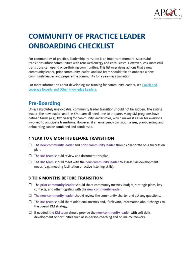 K010607_Community_Leader_Onboarding_Checklist | PDF