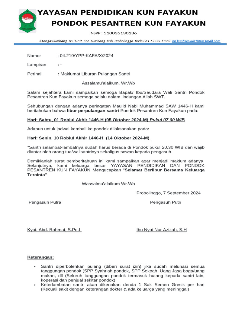 Surat Izin Pulangan Pondok Pesantren | PDF