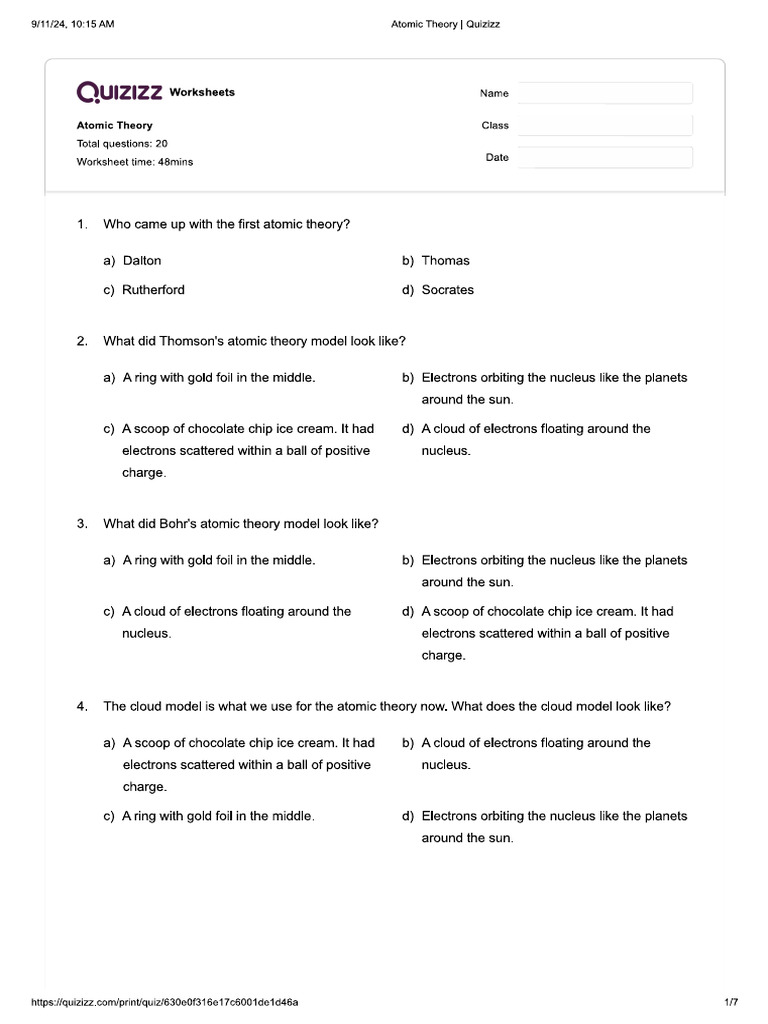 Lesson 1 Atomic Theory Quiz | PDF