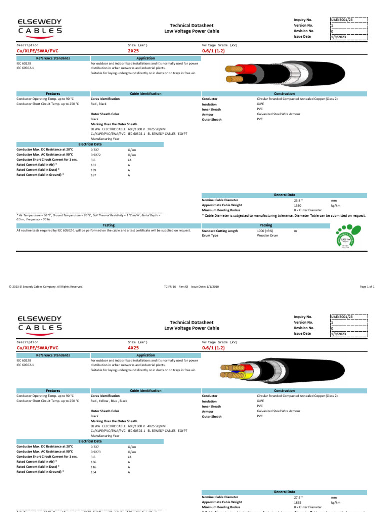 0.6/1 (1.2) 2X25 Cu/Xlpe/Swa/Pvc: Technical Datasheet Low Voltage Power ...