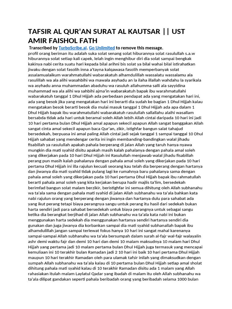 Tafsir Al Qur'an Surat Al Kautsar - Ust Amir Faishol Fath | PDF
