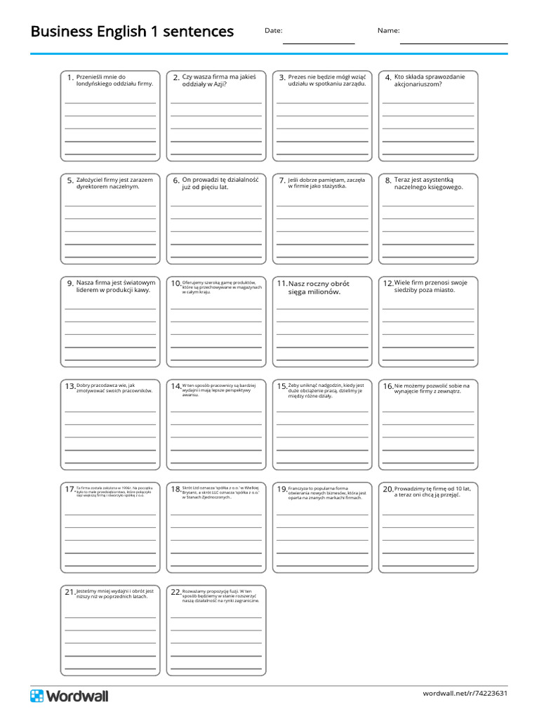 Business English 1 Sentences Writing Frame | PDF