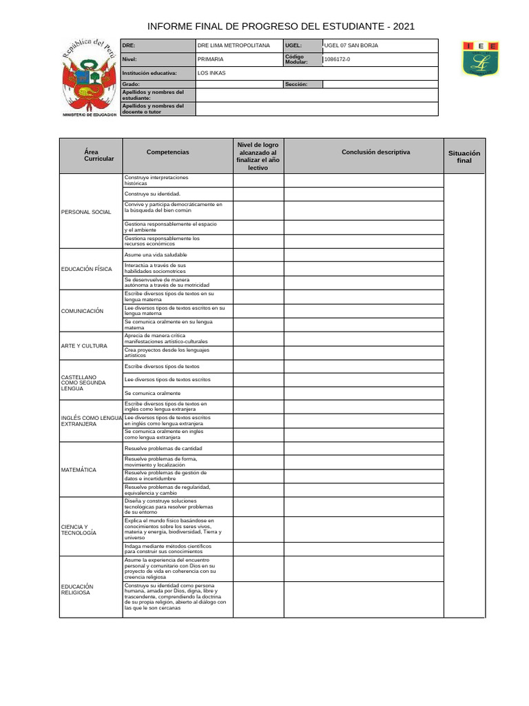 Formato de Informe Final de Progreso Nivel Primaria 2021 . | PDF