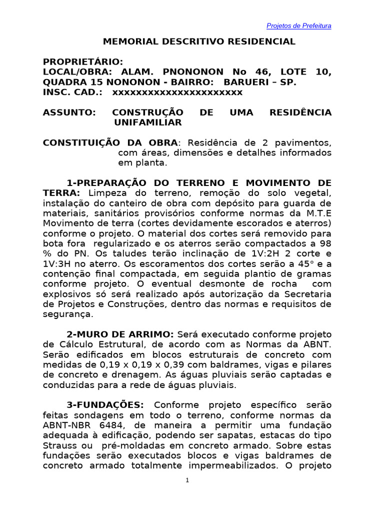 Memorial Descritivo Residencial | PDF