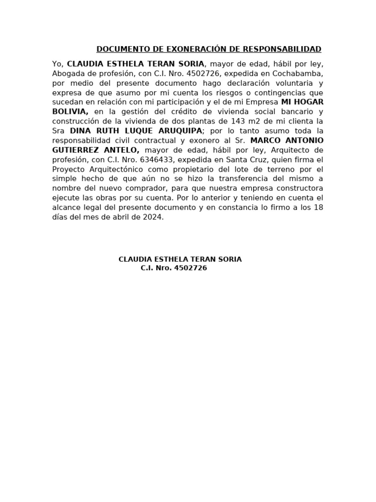 CONTRATO DE EXONERACIÓN DE RESPONSABILIDAD 2 | PDF