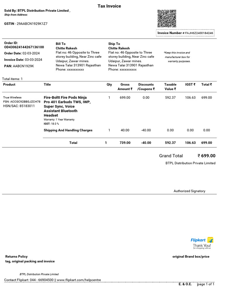 Fire Boltt Airdopes 401 Invoice | PDF