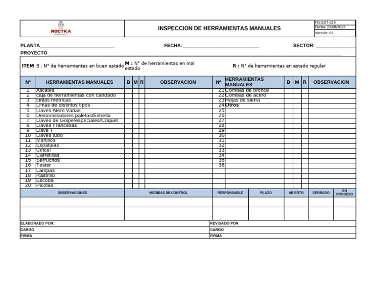 Fo-Sst-029 Formato de Inspeccion de Herramientas Manuales | PDF ... Fo-Sst-029 Formato de Inspeccion de Herramientas Manuales | PDF ...