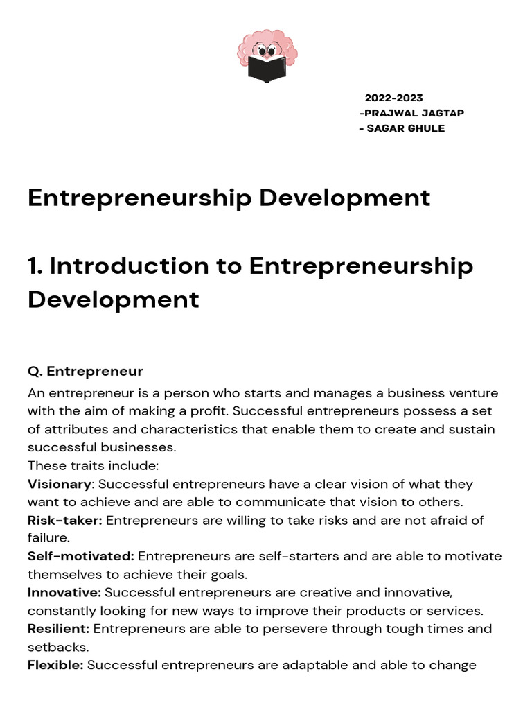 Entrepreneurship Development 1. Introduction To Entrepreneurship ...