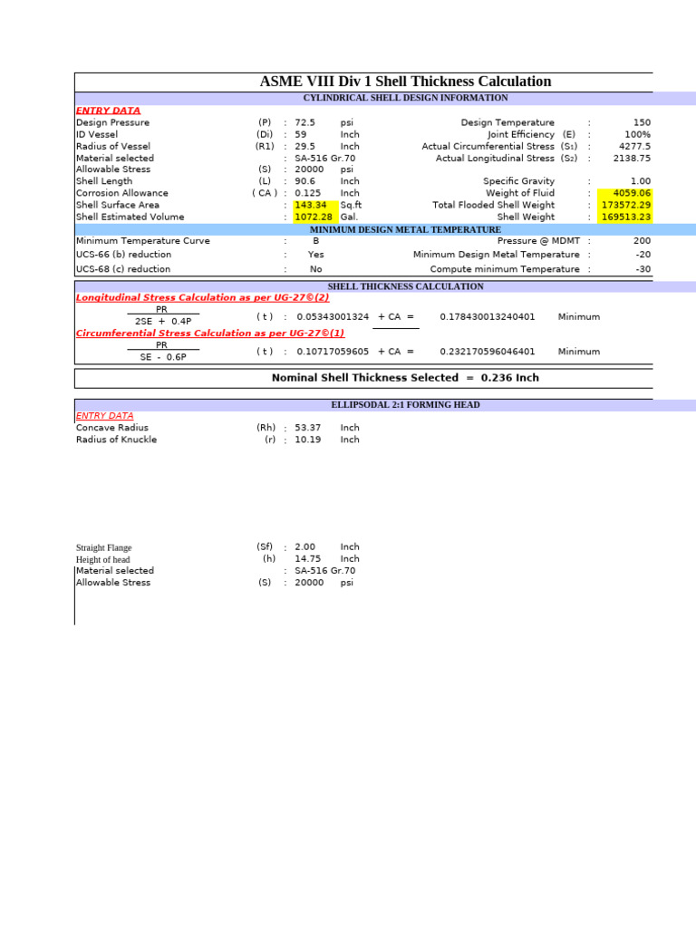 ASME VIII Div 1 Shell Thickness Calculation | PDF