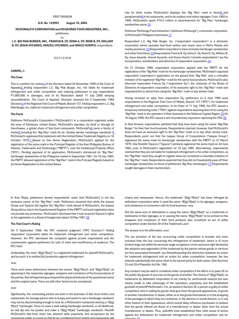G.R. No. 143993 - Mcdo v. Big Mak | PDF