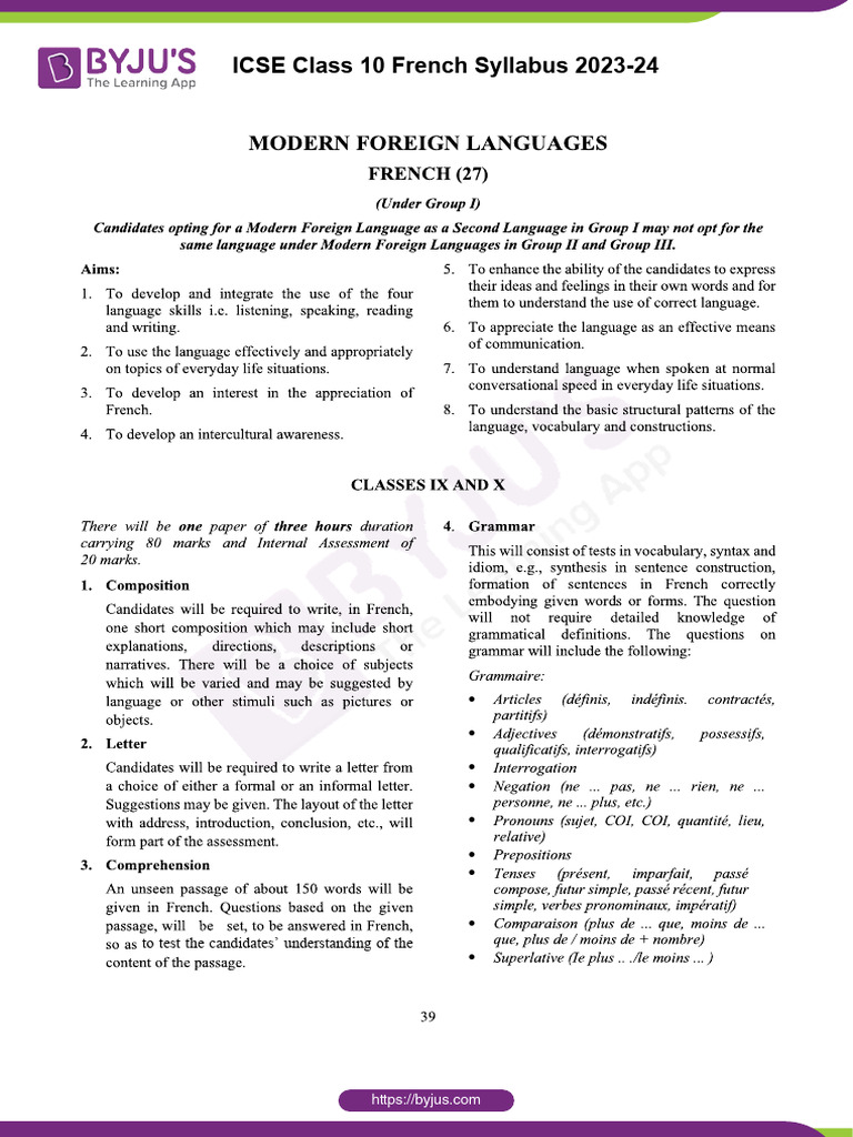 ICSE Class 10 French Syllabus 2023 24 | PDF