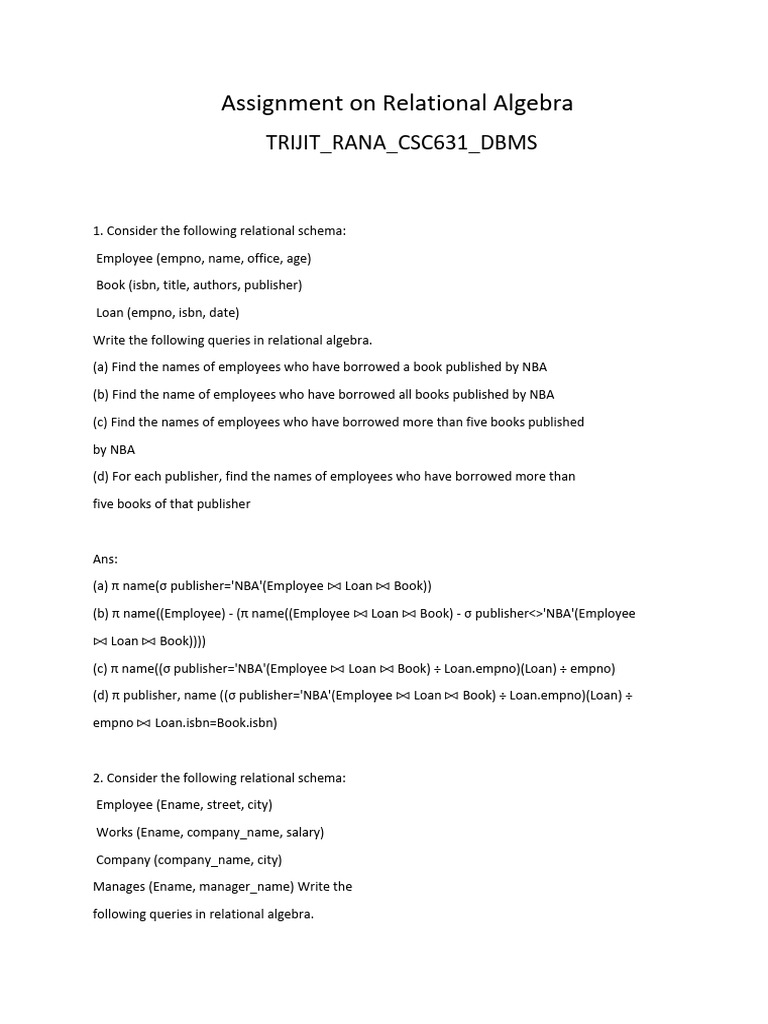 Assignment On Relational Algebra | PDF Assignment On Relational Algebra | PDF