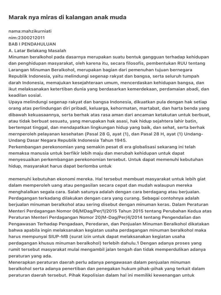 Marak Nya Miras Di Kalangan Anak Muda | PDF