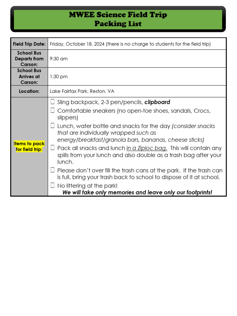 MWEE Field Trip Packing List For Students | PDF