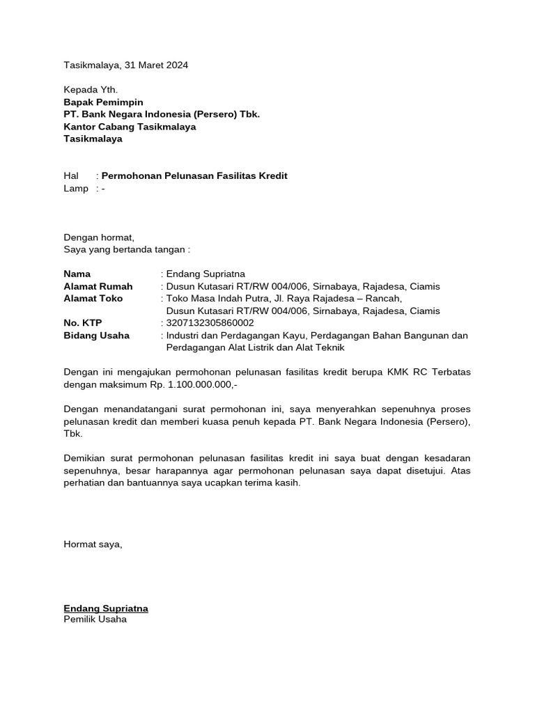 Surat Permohonan Fasilitas Pelunasan Kredit Mang Endang | PDF