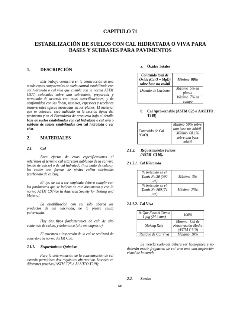 CAP 71-Especif - para Est - Suelos Con Cal H. o Viva para Base e | PDF