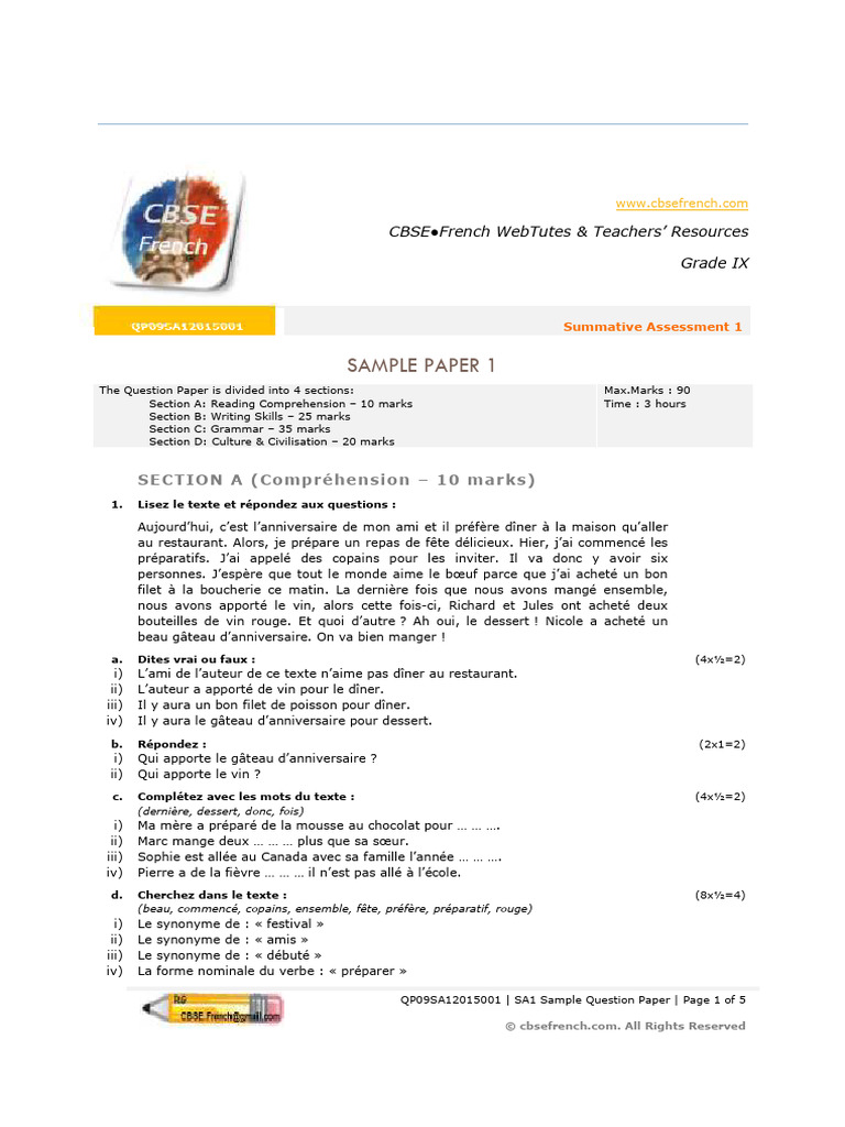 Sample Paper 1: Cbse French Webtutes & Teachers' Resources Grade Ix | PDF
